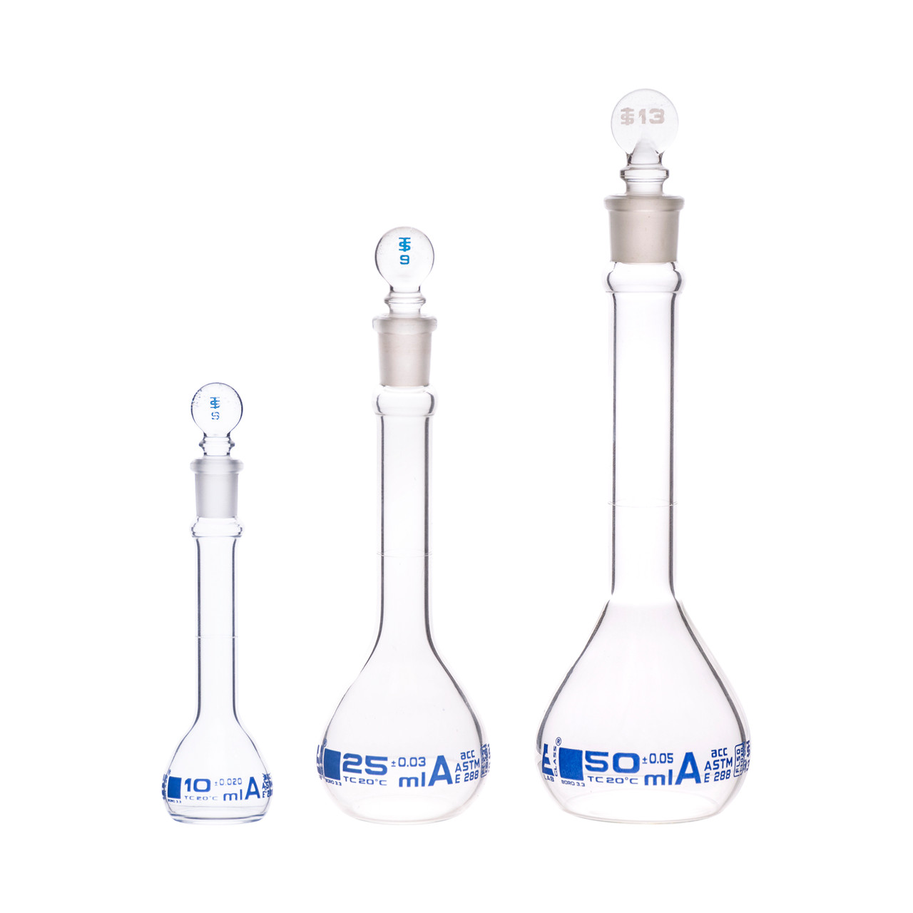 Volumetric Flask Set, 10mL, 25ml & 50mL, Class A, ASTM E288, Glass ...