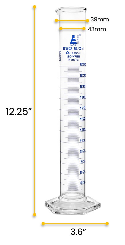 Graduated Cylinder, 250mL, Class A Tolerance +/-1.00mL, Hex Base, Blue ...