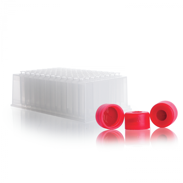 Wheaton® MicroLiter® OneuL Plate with Assembled Inserts, Snap Red Caps, Pre-Cut FEP / Butyl ...