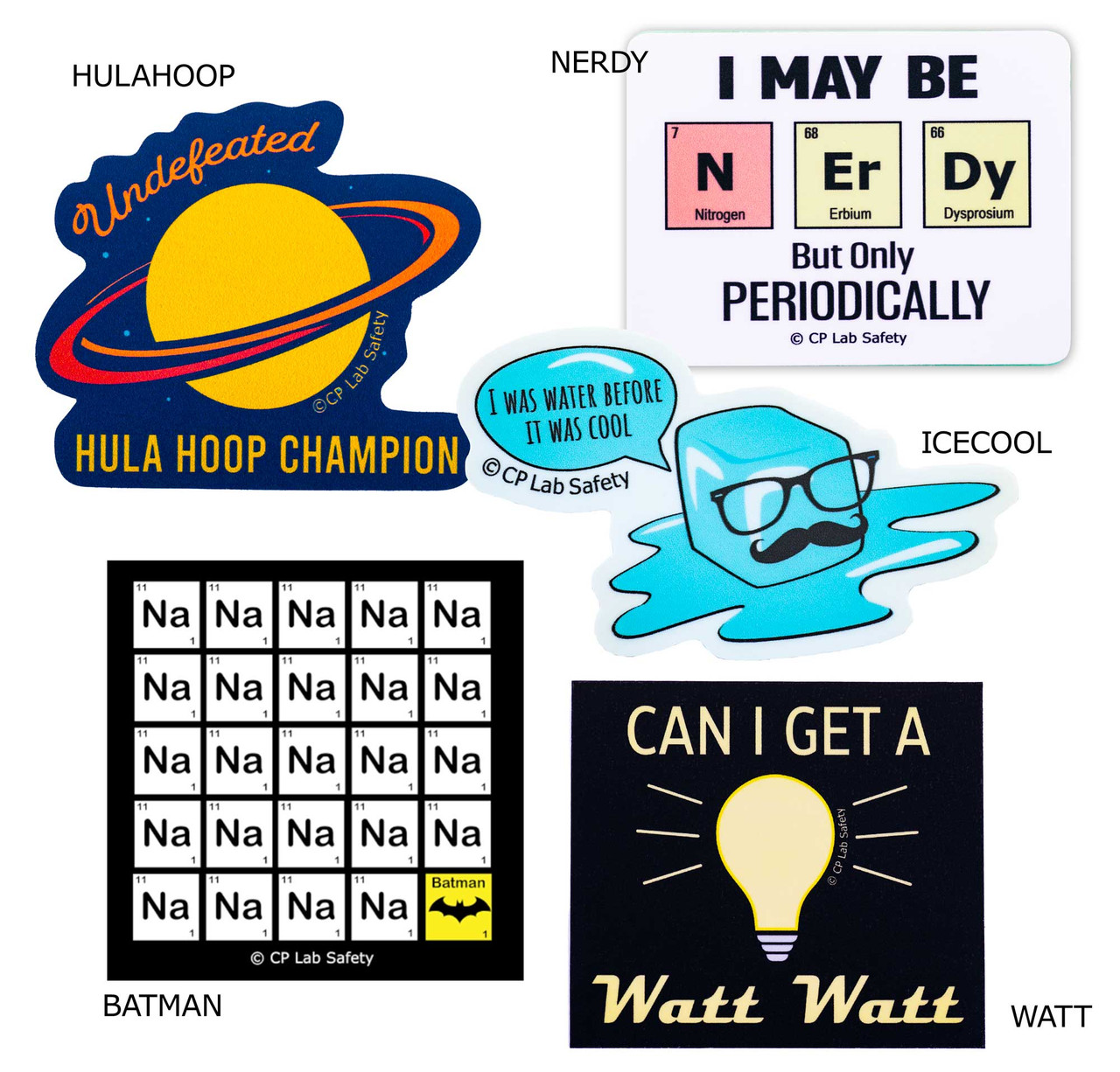 Funny Science Stickers, Vinyl, 3", Custom 3-Pack - CP Lab Safety