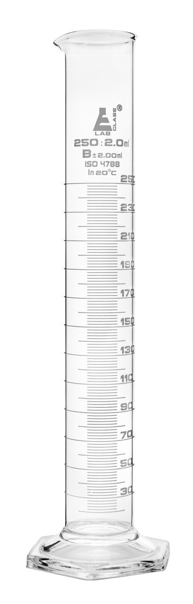 Graduated Cylinder, 250ml, Class B Tolerance +/-2 ml, Hexagonal Base ...