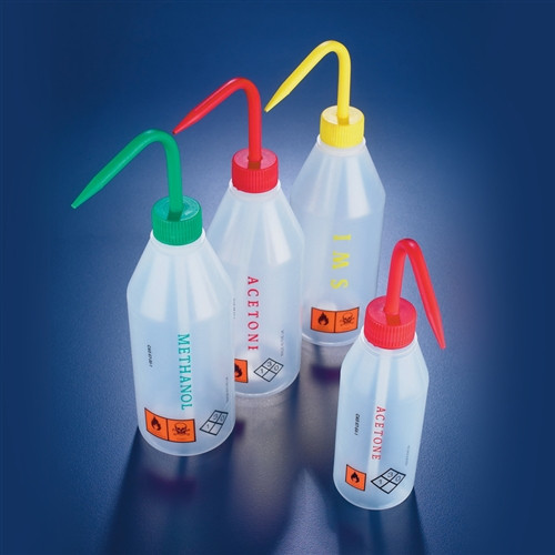 Wash Bottles, 500mL, Labeled "Water", White Cap, pack/5