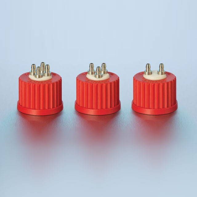 DURAN® 3-Port Cap, GL25 Red PBT Screw Cap, PTFE Insert, Stainless Steel ...