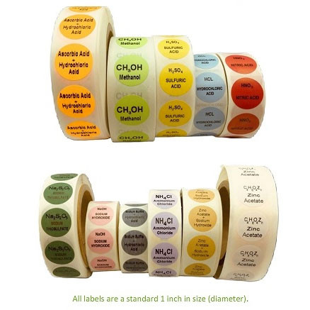 Round Color-Coded Chemical Labels, Sulfuric Acid Yellow, H2SO4, Roll/1000