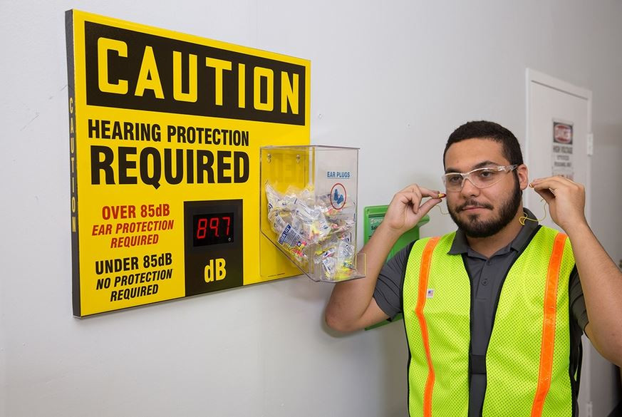 Caution Decibel Meter Sign, OSHA Compliant, Ear Plug Dispenser ...