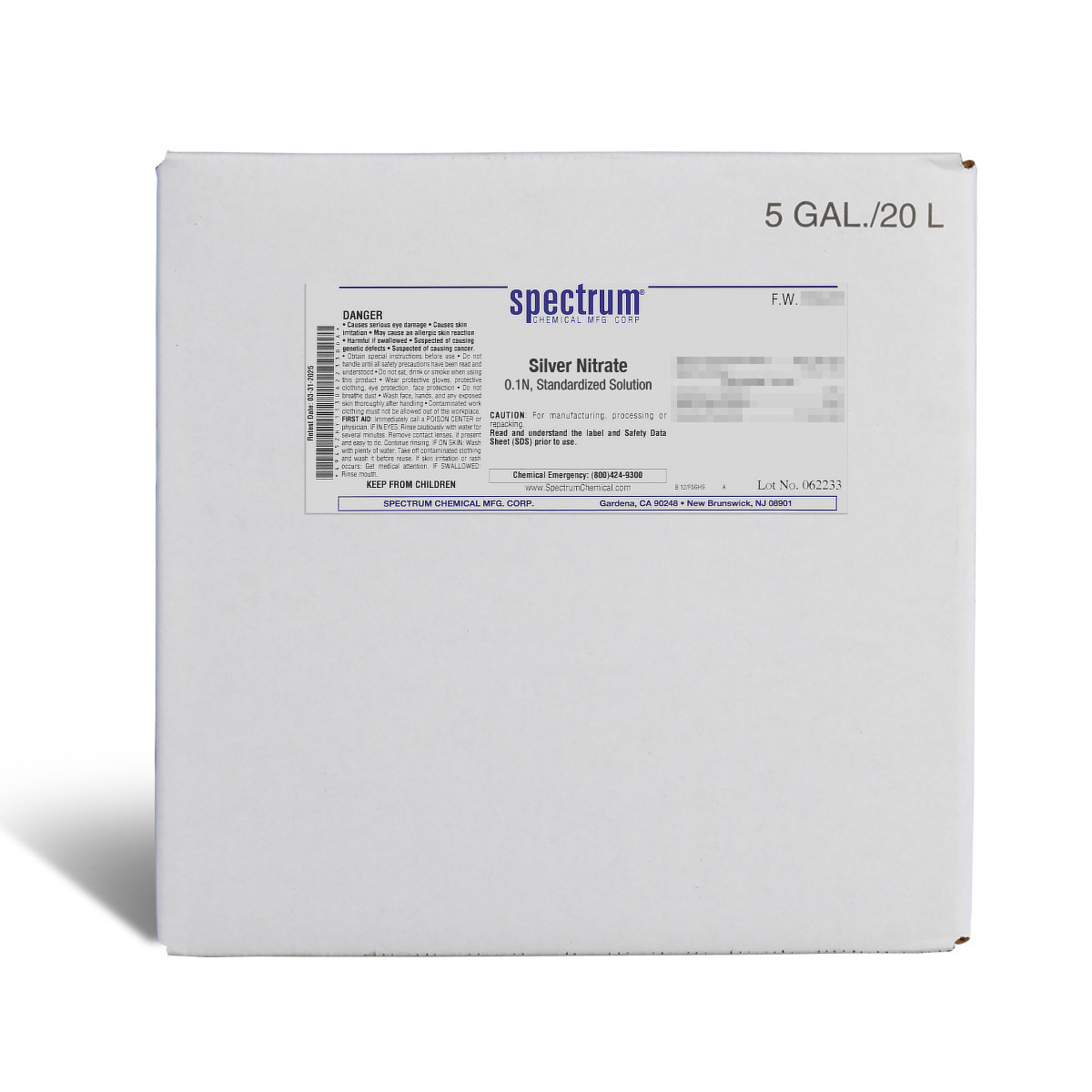 Silver Nitrate, 0.1N, Standardized Solution, 20L, Each