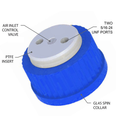 2-Port Cap, GL45 for 3/16" tubing, Air inlet valve for Solvent Delivery