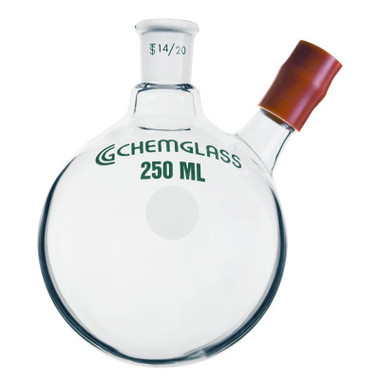 250mL Single Neck RBF, 14/20 Outer Joint, Side Tubulation, each