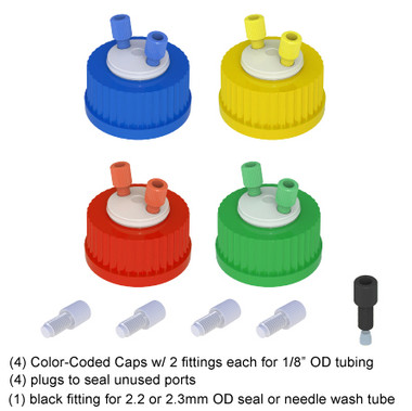 4-Port Cap for Glass Bottle, GL45 Set of 4 Color Coded Caps