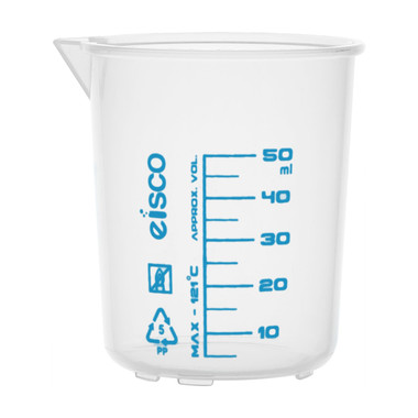 Premium 50mL Beaker, PP Plastic, Blue Screen Printed, 5mL Graduations