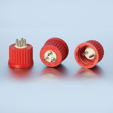 DURAN® 4-Port Cap, GL25 Red PBT Screw Cap, PTFE Insert, Stainless Steel ...