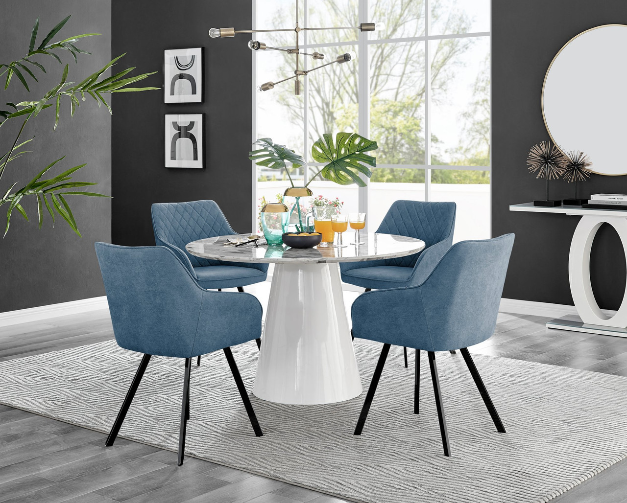 Palma White Marble Effect Round Dining Table 4 Falun Black Leg Chairs Furniturebox UK