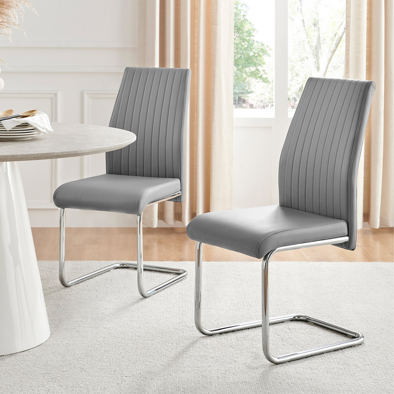 2x Lorenzo Modern Elephant Grey Faux Leather Chrome Dining Chairs