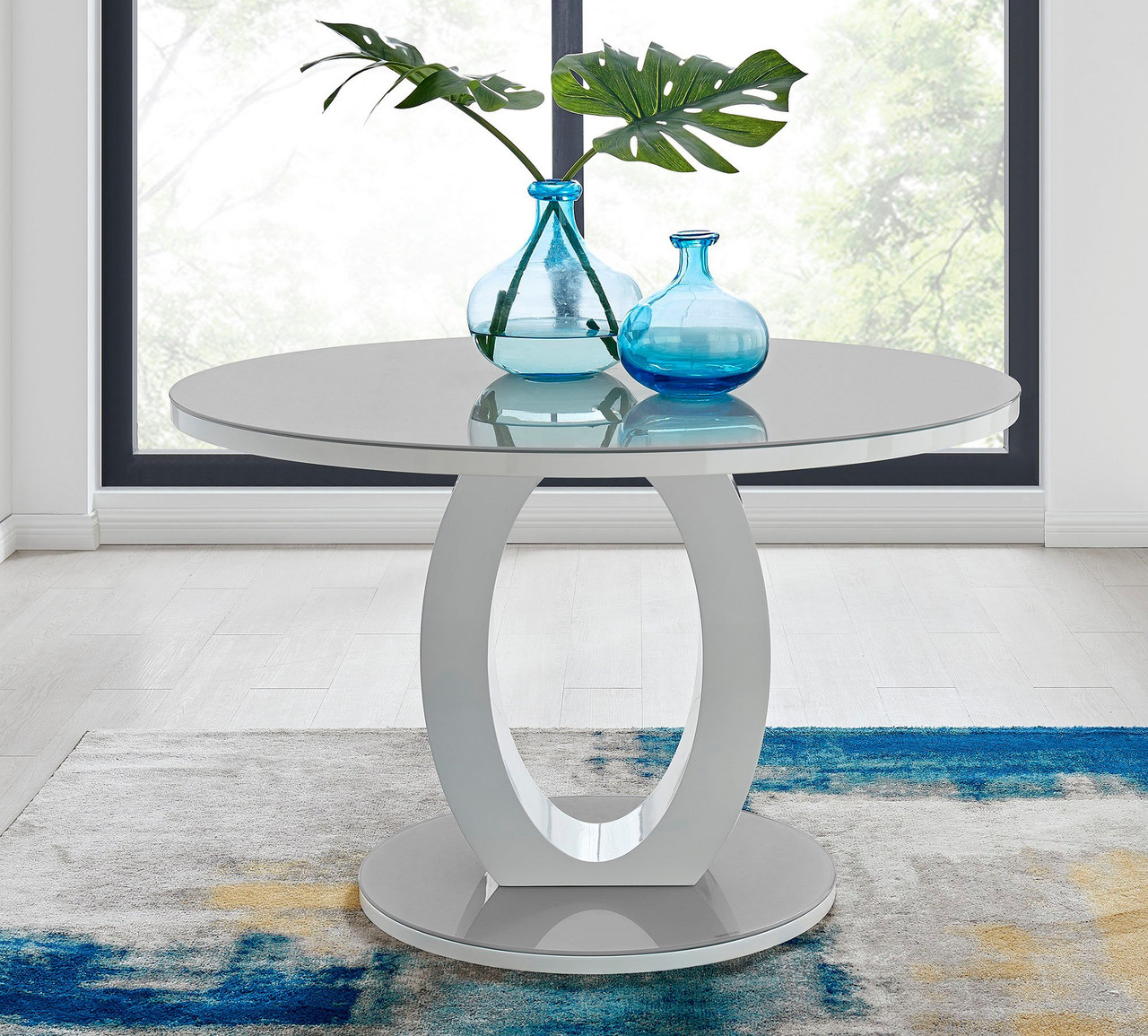 Grey & White Large Round Gloss Dining Table & Milan Chairs | Furniturebox