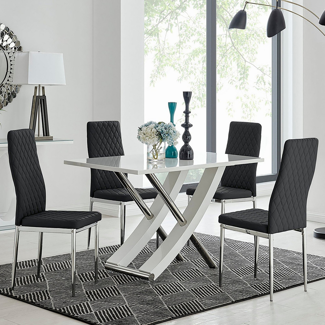 Mayfair 4 White High Gloss And Stainless Steel Dining Table And 4 Milan Chairs Set