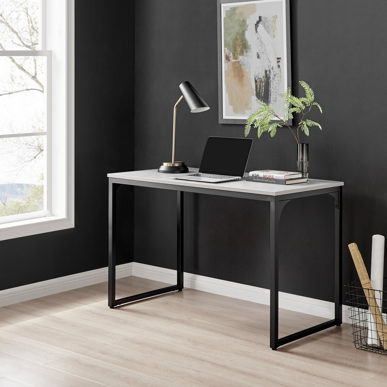 Home Office Desk Grey Marble Black Legs 120cm | Office Desk