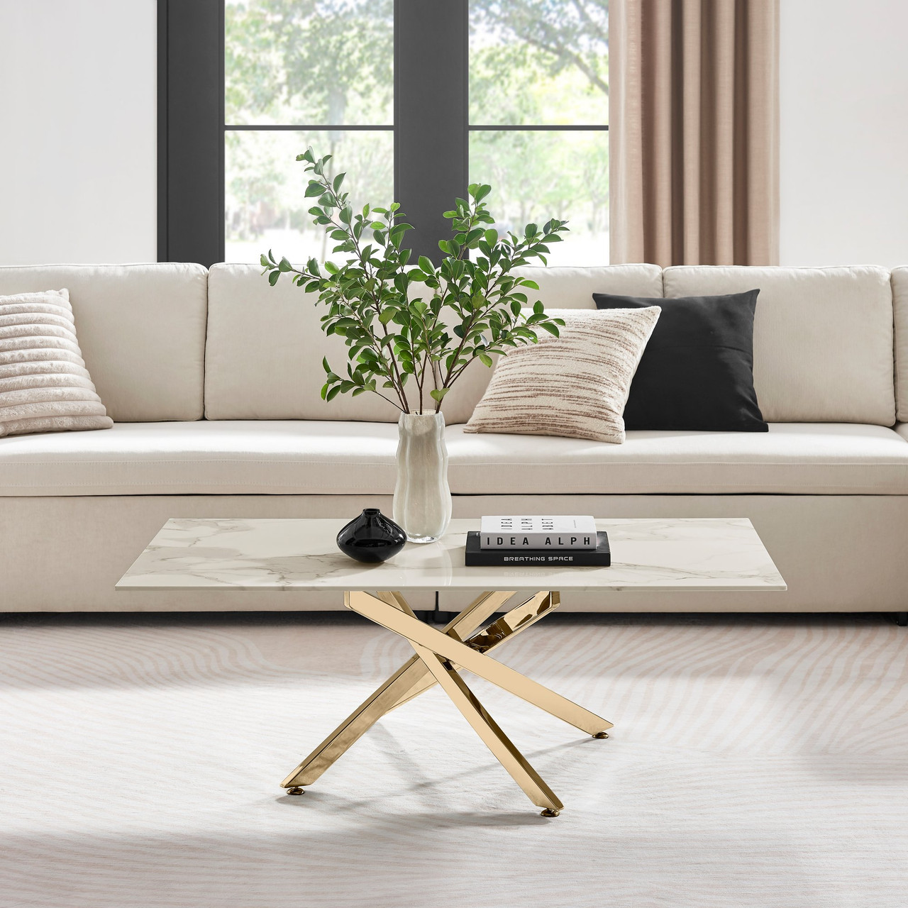 Leonardo Coffee Table White Glass Marble Effect Top Gold Legs