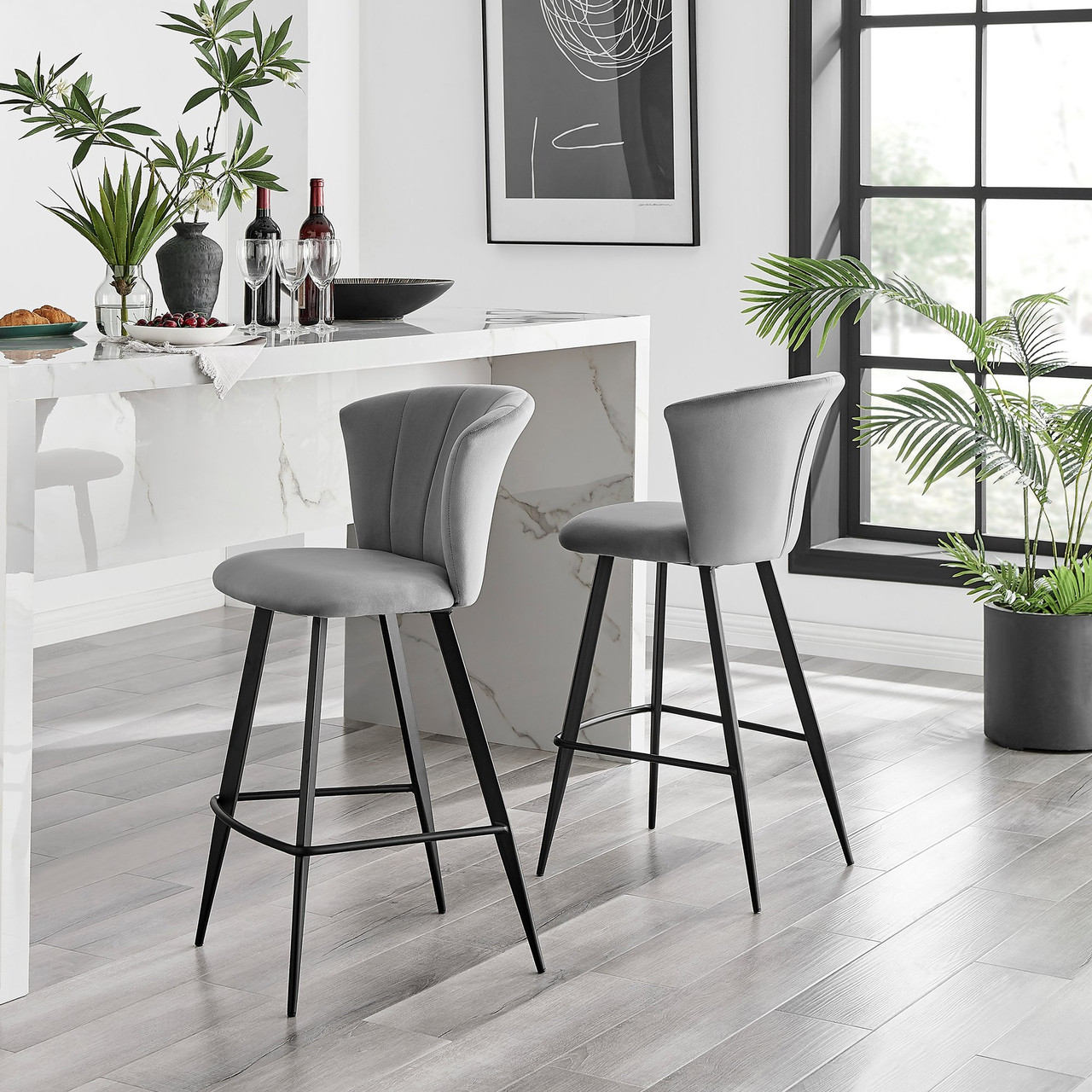2x Juniper Grey Velvet Black Leg Bar Stools | Furniturebox UK