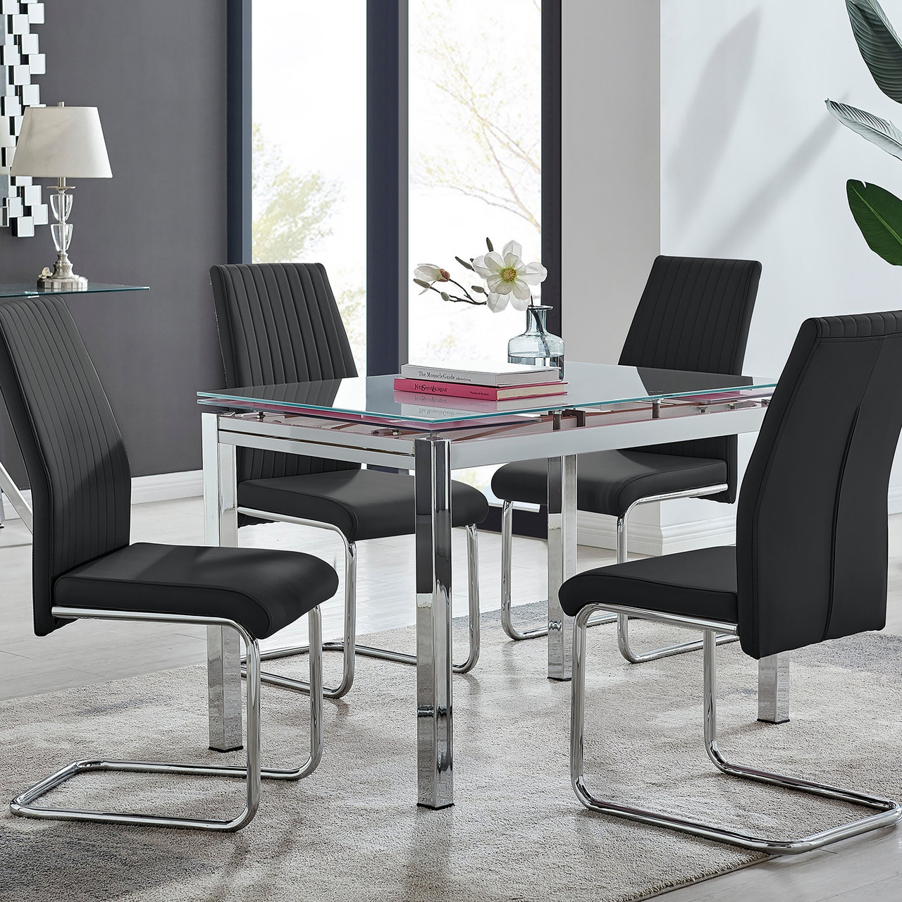 Enna White Glass Extending Dining Table and 4 Lorenzo Chairs