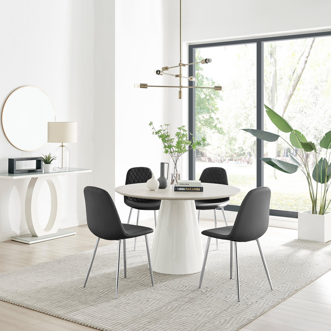 Palma Beige Stone Effect Round Dining Table 4 White Corona Chairs Furniturebox UK