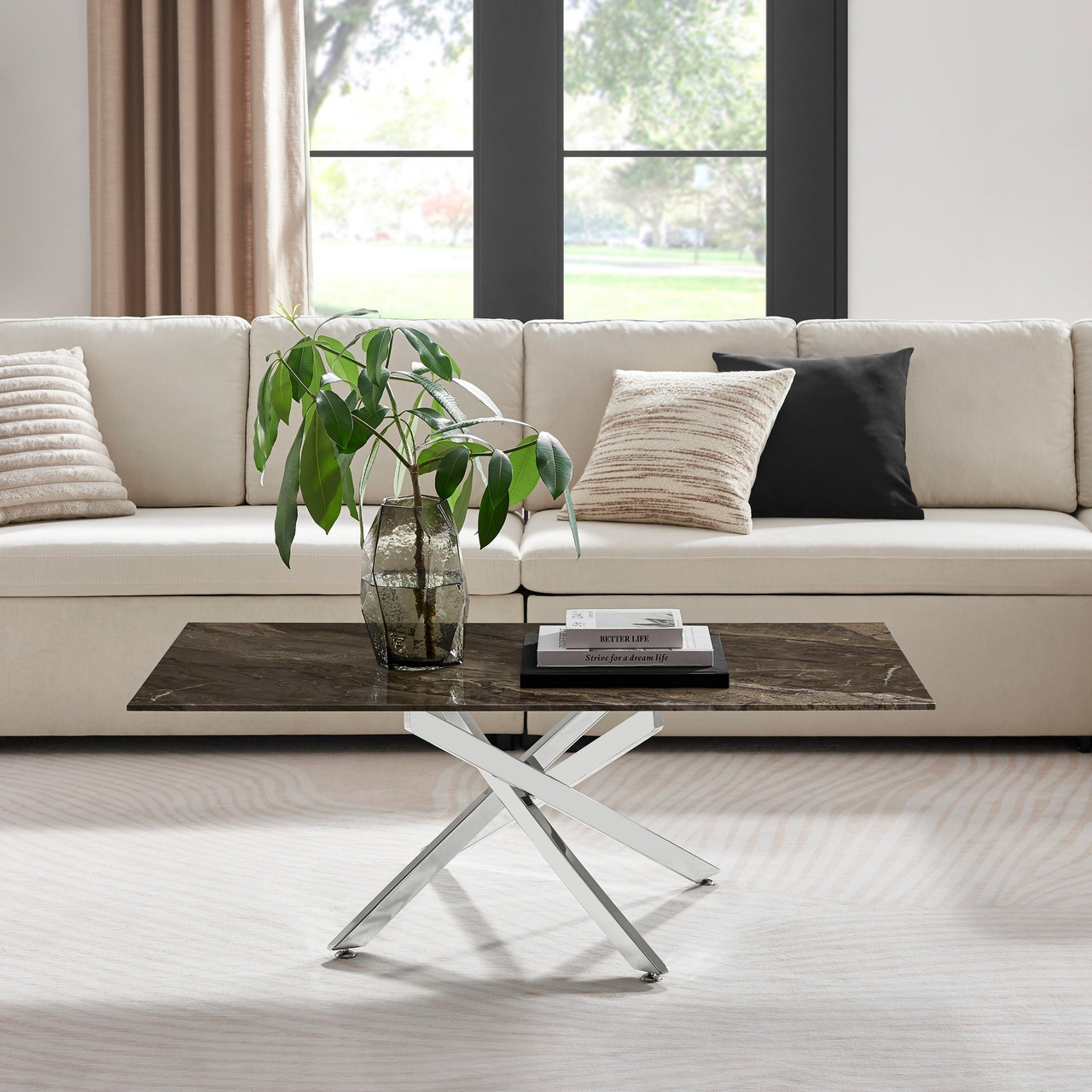 Leonardo Glass Marble Silver Legs | Coffee Table