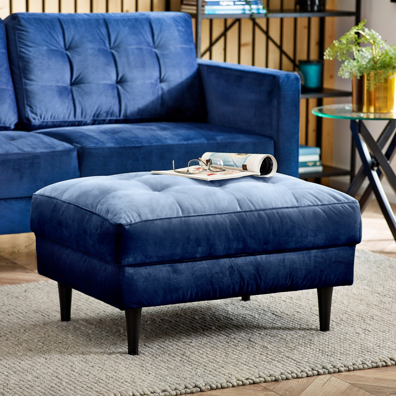 Jolene Navy Blue Velvet Footstool | Living Room Furniture