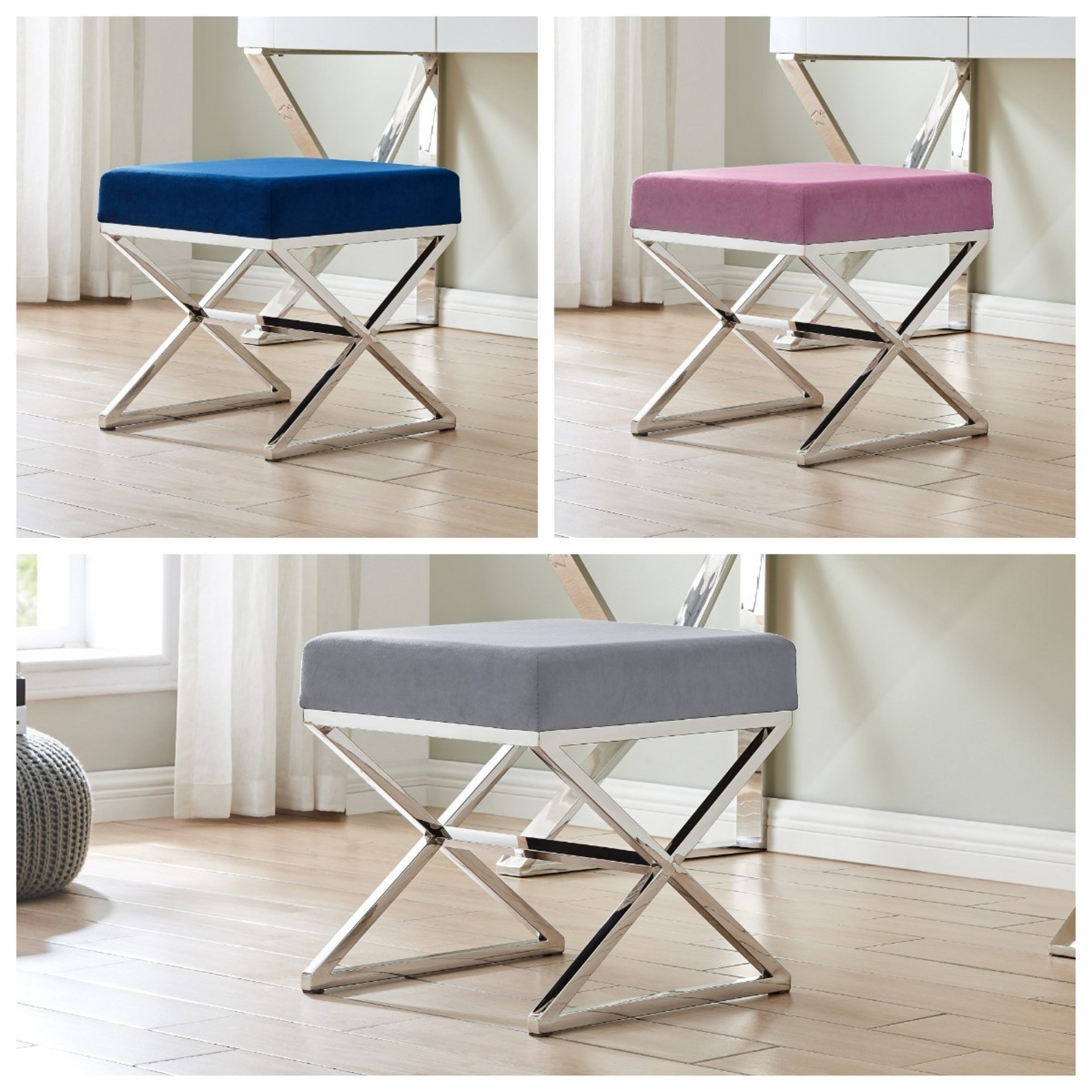 Grey Velvet & Silver Chrome Stool | Furniturebox
