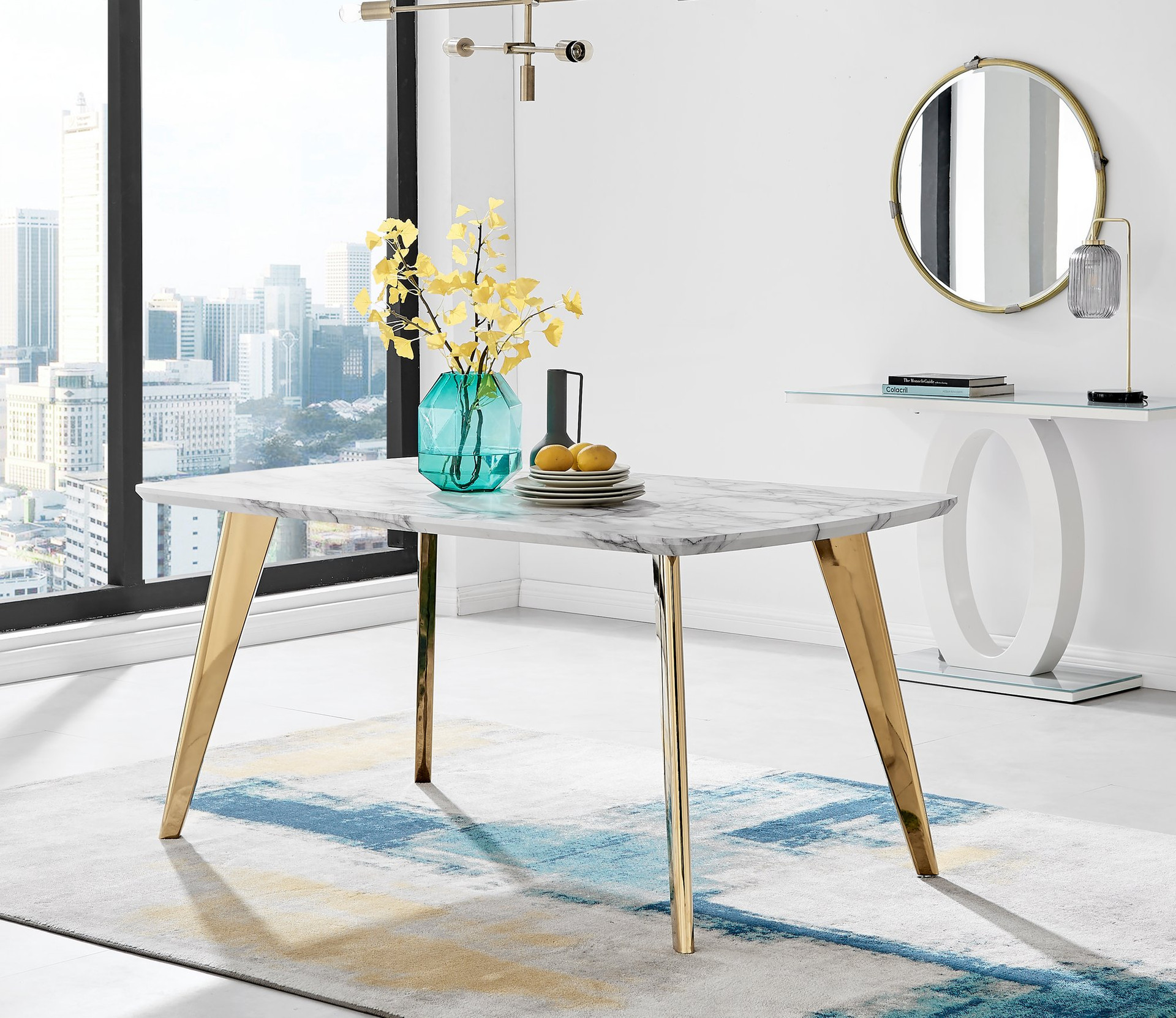 Andria Gold Leg Marble Effect Dining Table and 6 Gold Leg Milan Chairs ...