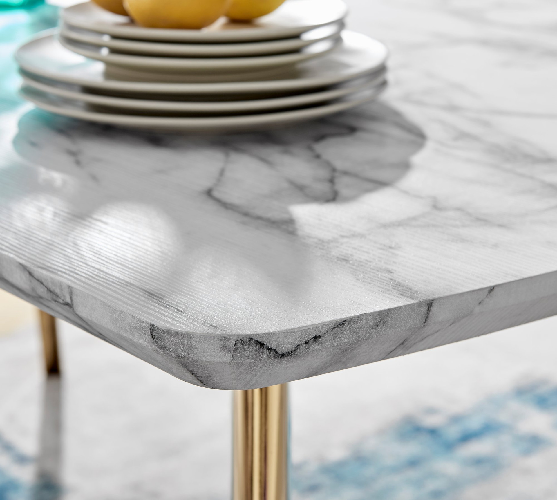 Andria Gold Leg Marble Effect Dining Table and 6 Gold Leg Milan Chairs ...
