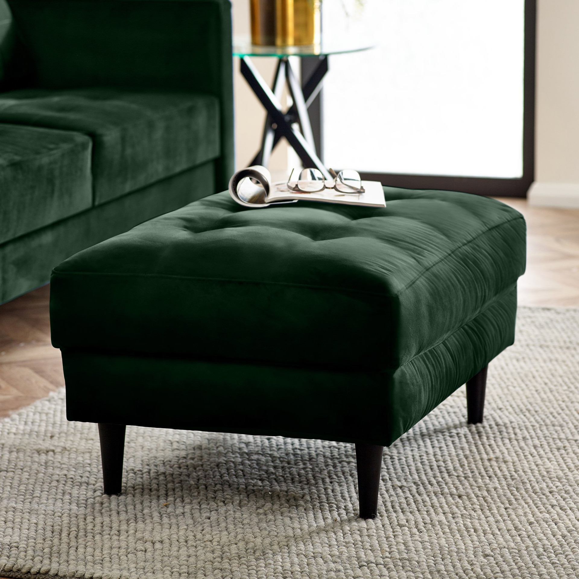 Jolene Green Velvet Footstool | Living Room Furniture