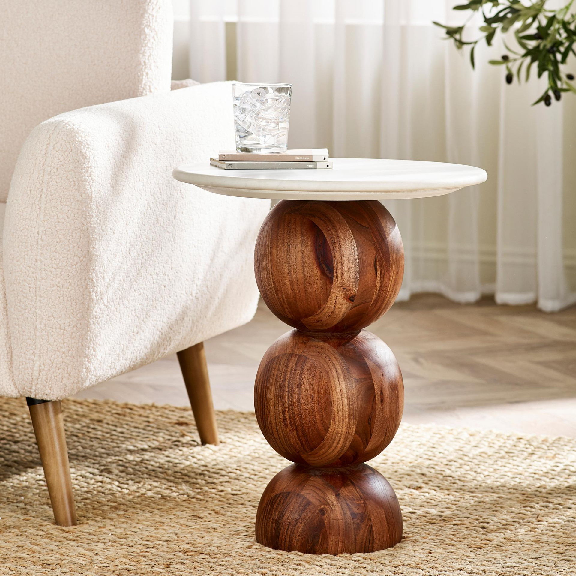 Veer White Marble Wood Side Table | Living Room Furniture