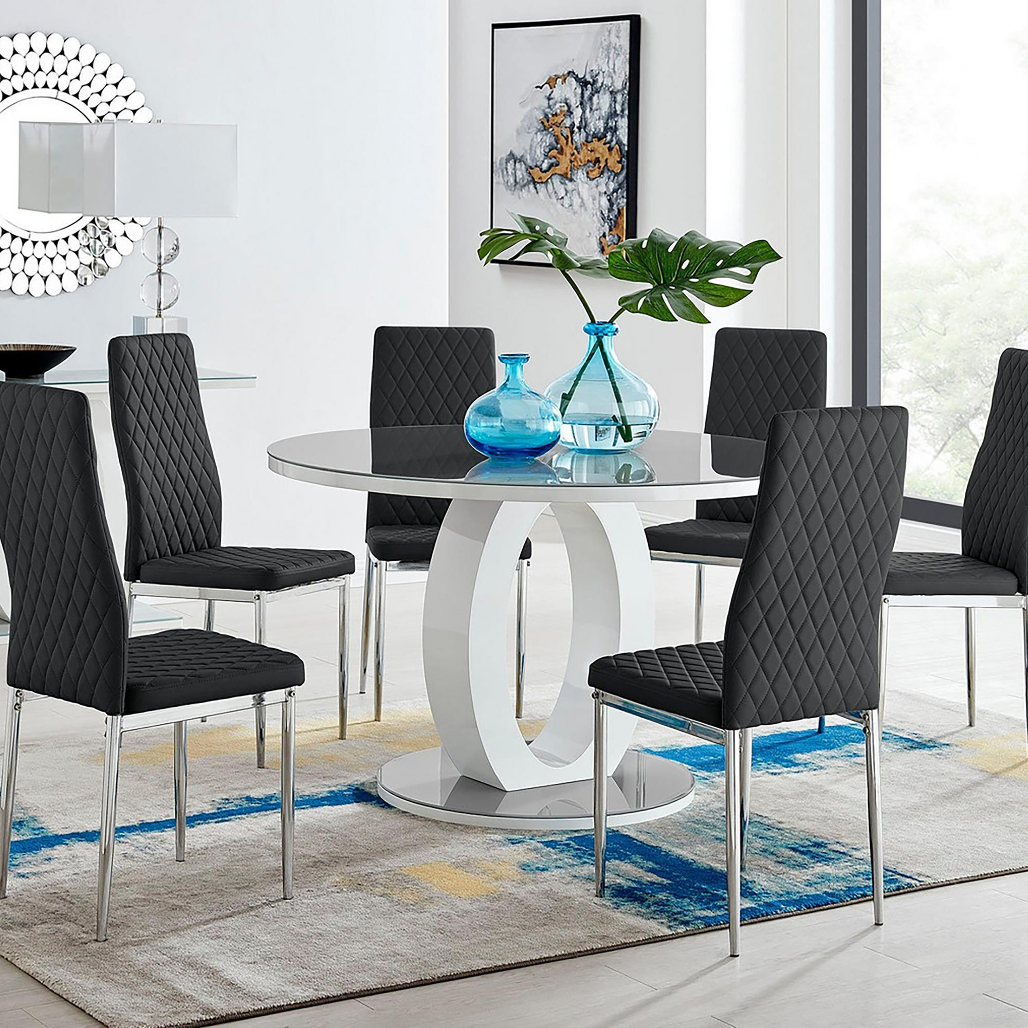 Grey & White Large Round Gloss Dining Table & Milan Chairs | Furniturebox