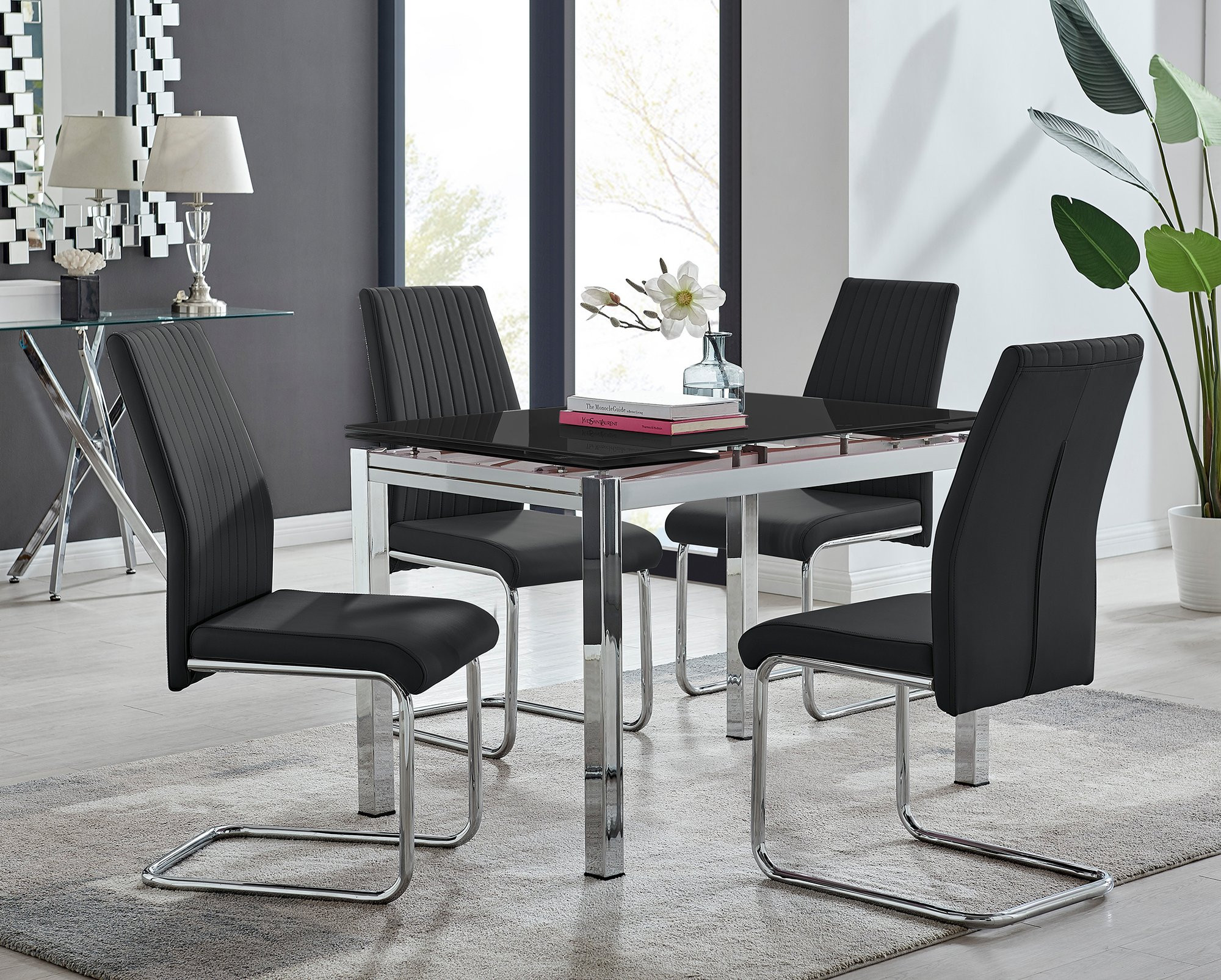 Enna Black Glass Extending Dining Table and 6 Lorenzo Chairs | Furniturebox