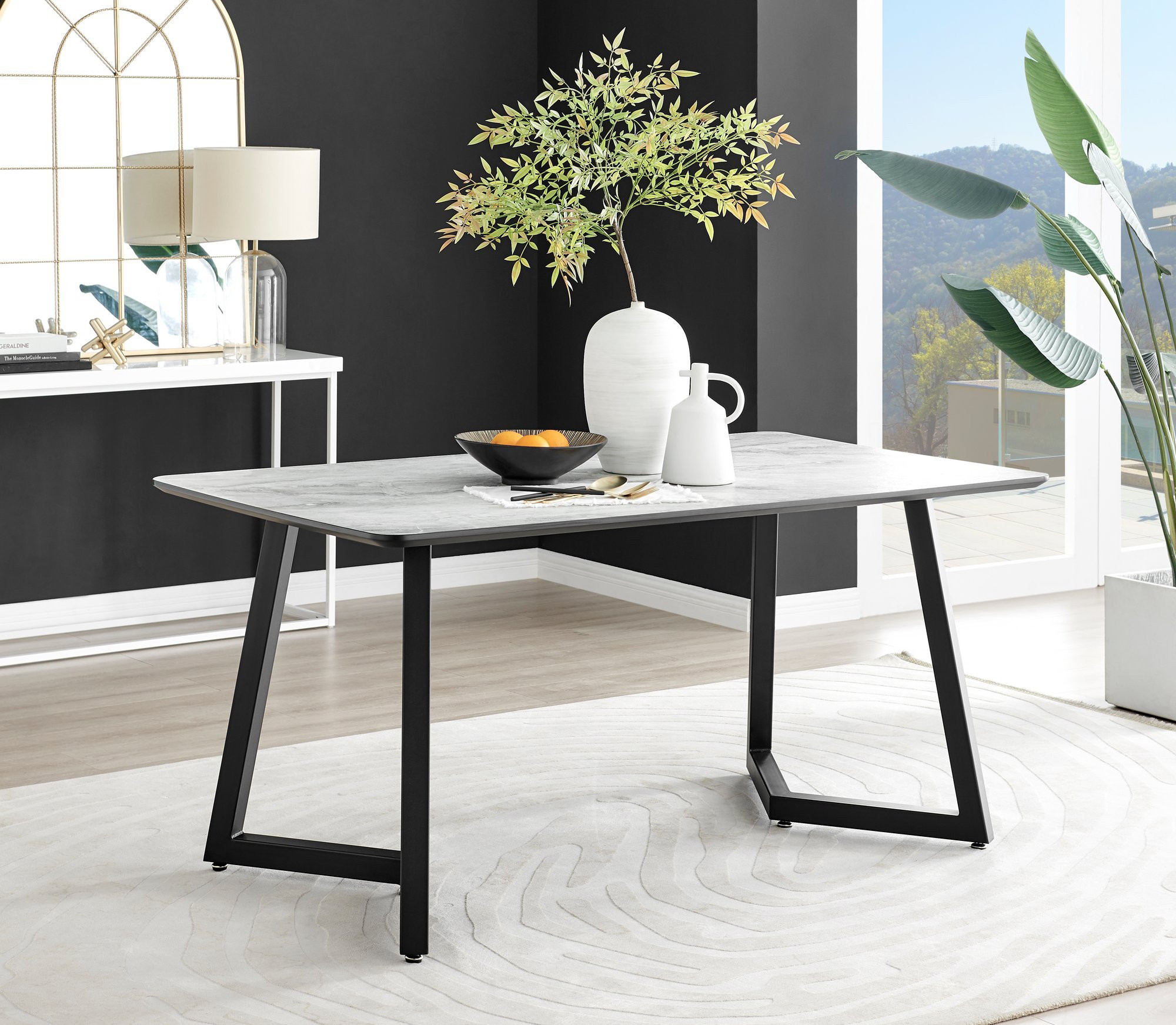 Carson 6 Seat White Marble Black Leg Table & 4 Willow Chairs ...