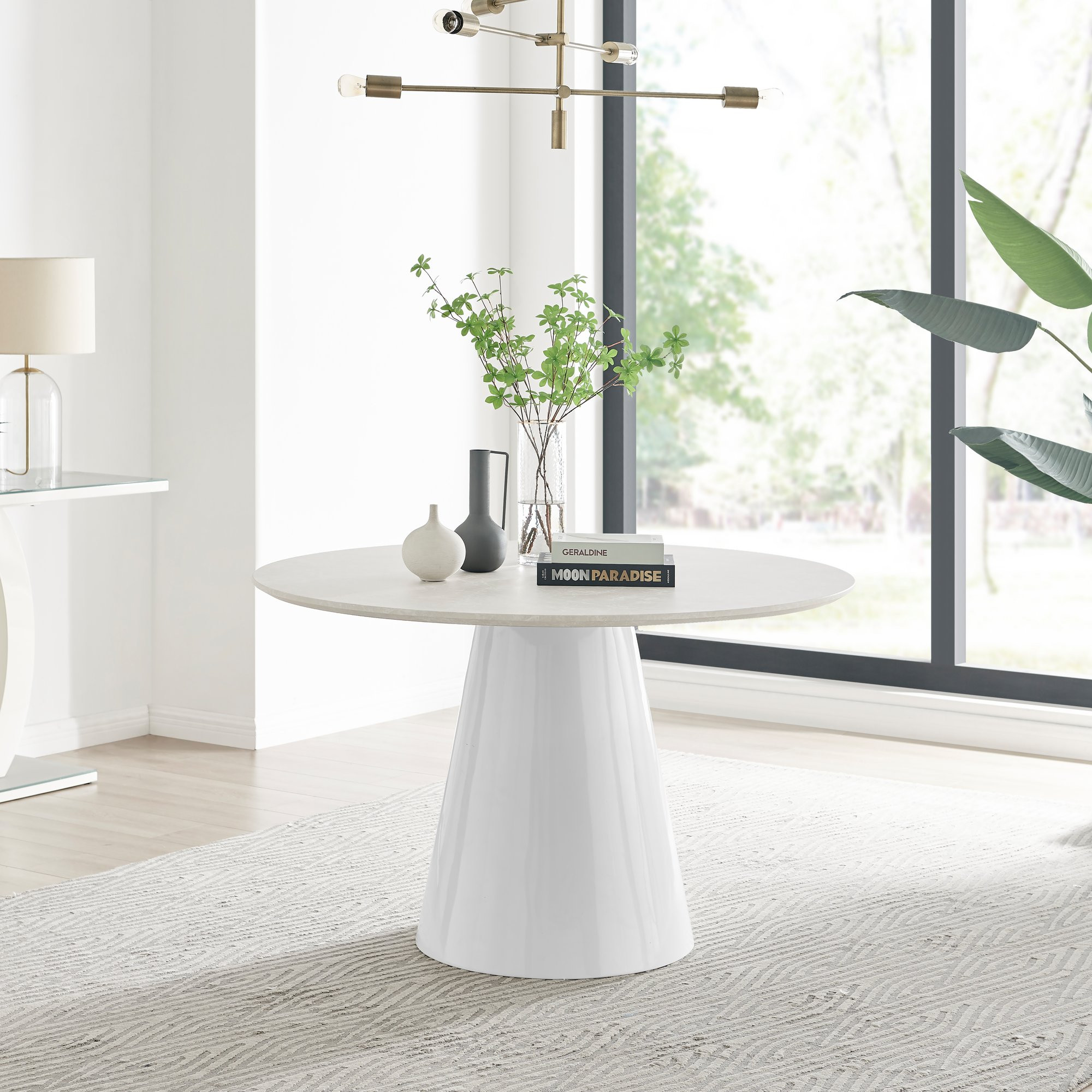 Palma Beige Stone Effect Round Dining Table & 4 White Corona Chairs ...
