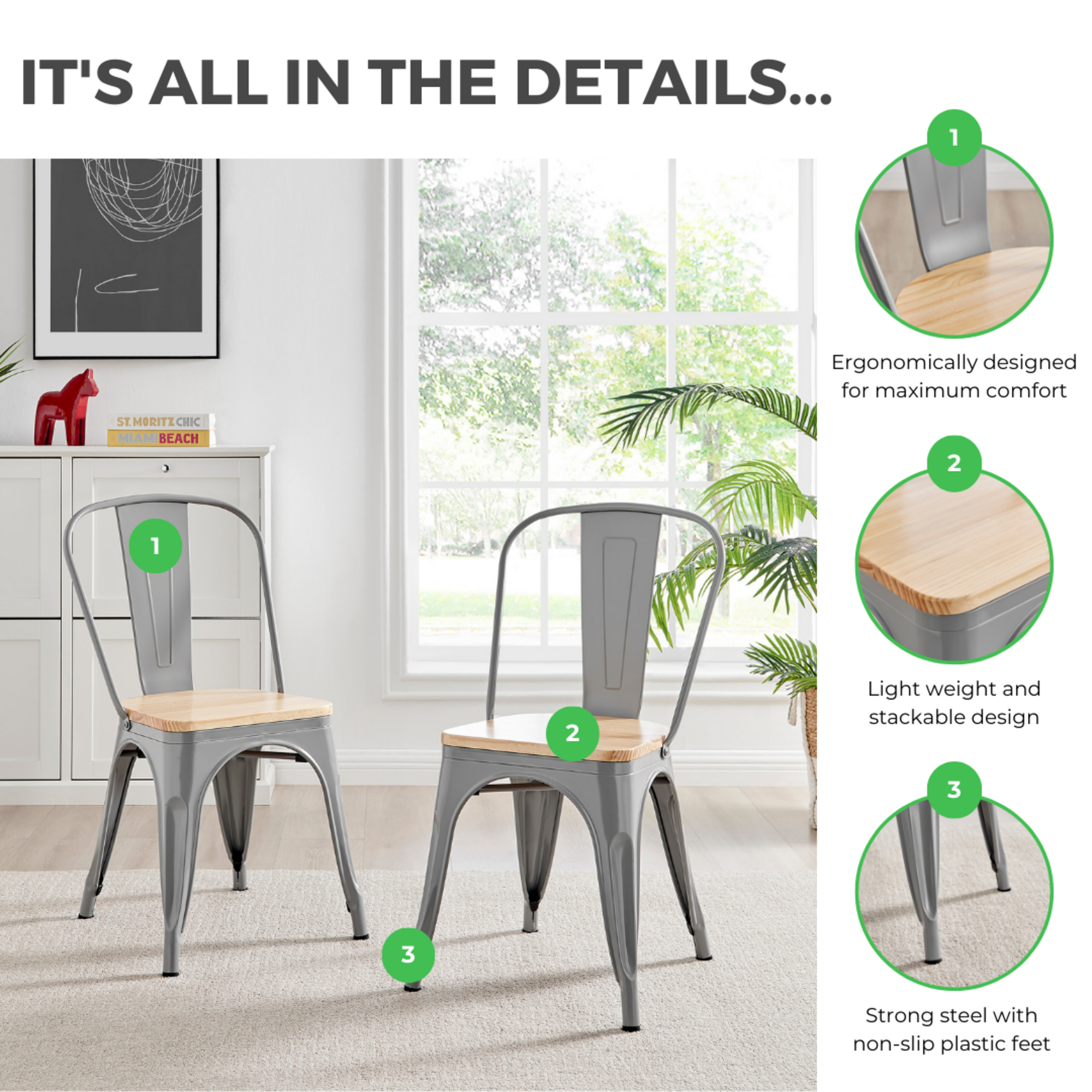 2x Colton Tolix White Metal Chair Wood Seat | Dining Chair