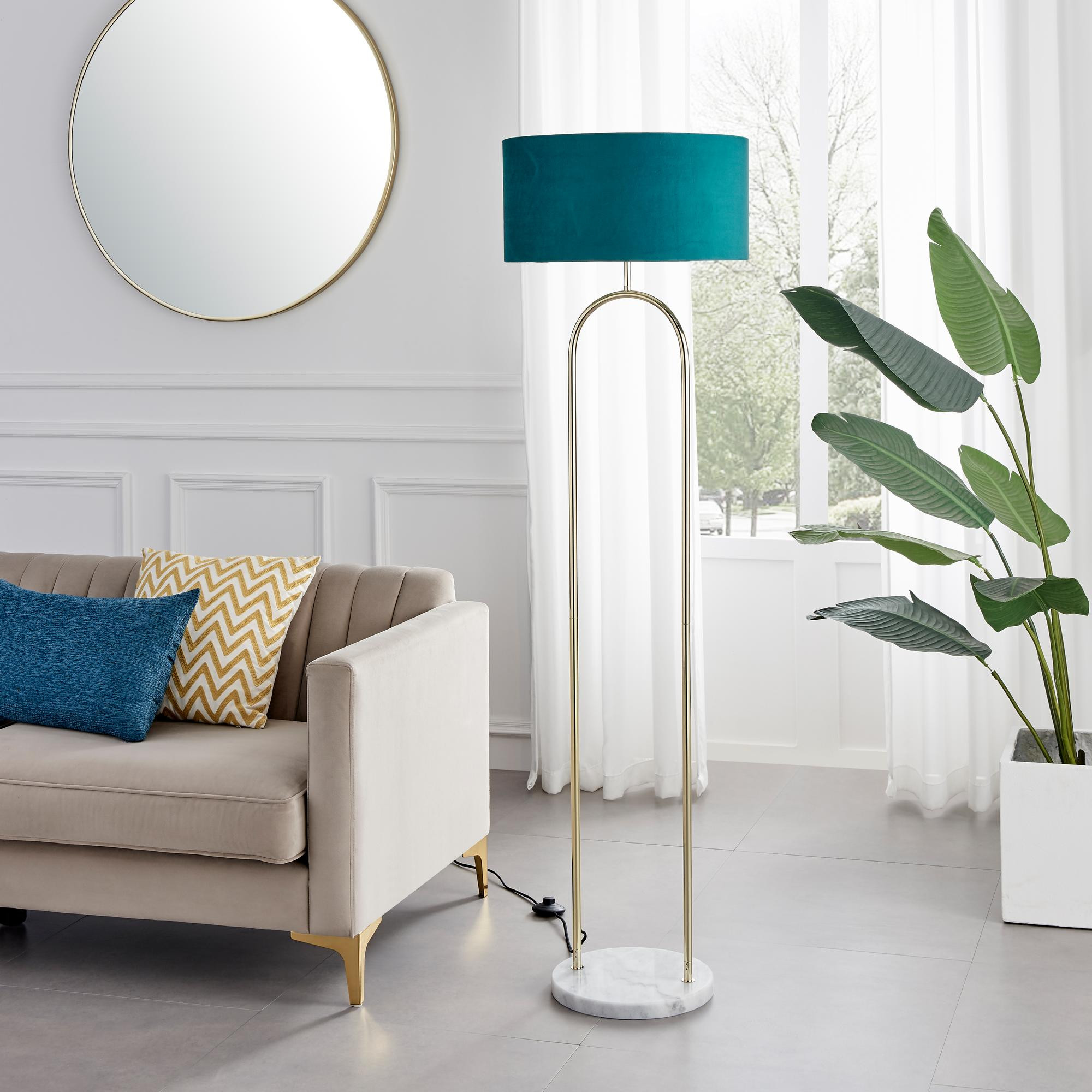 Danielle Floor Lamp Teal Fabric Shade Brass Marble |Lighting