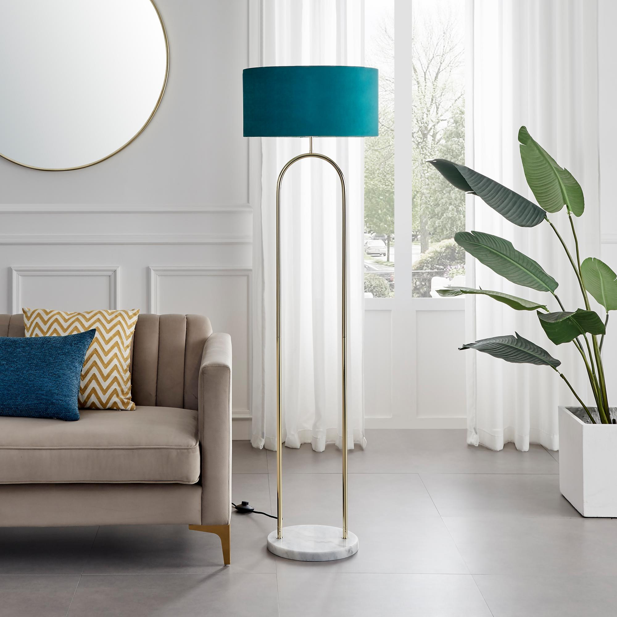 Danielle Floor Lamp Teal Fabric Shade Brass Marble |Lighting