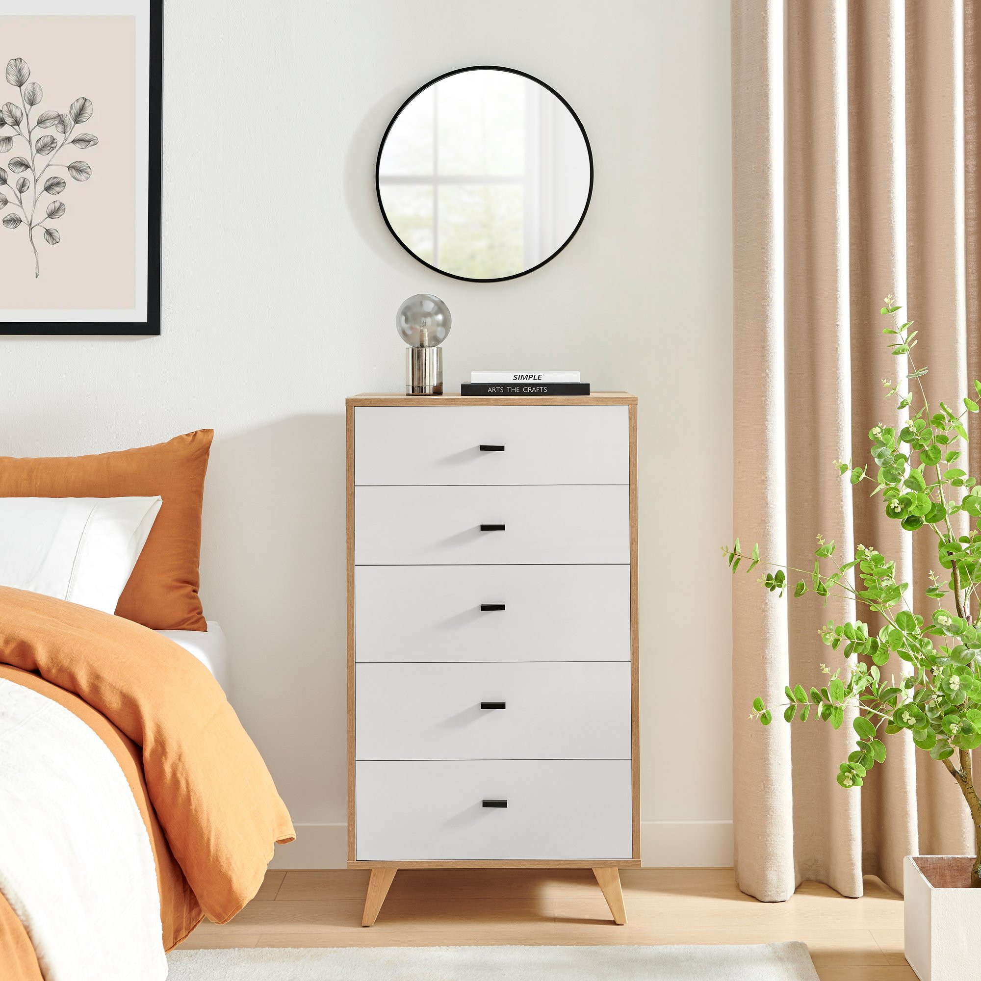 Bisset Wood White Dresser Chest 5 Drawers|Bedroom Furniture