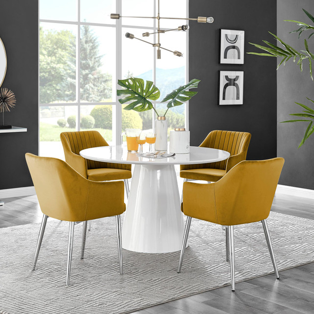Palma White High Gloss Round Dining Table & 4 Calla Silver Leg Chairs ...