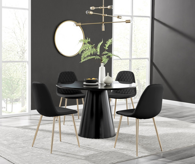 Palma Black Semi Gloss Round Dining Table 6 Milan velvet gold leg Chairs Furniturebox UK