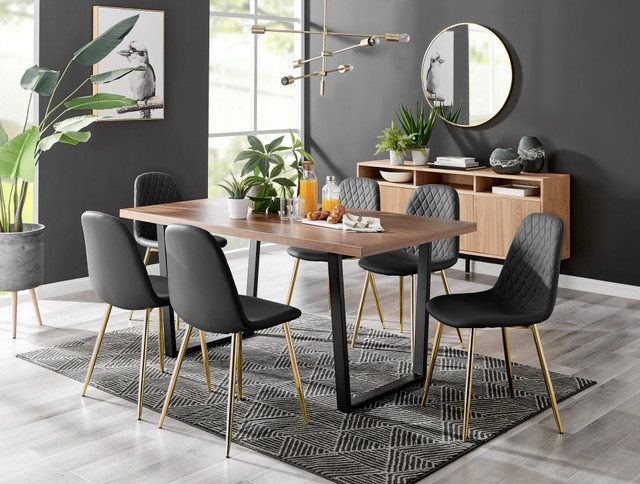 Kylo Brown Wood Effect Dining Table 6 Milan Gold Leg Chairs Furniturebox UK