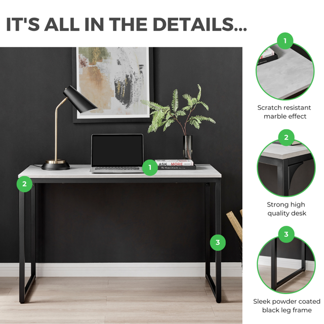 Home Office Desk Grey Marble Black Legs 120cm | Office Desk