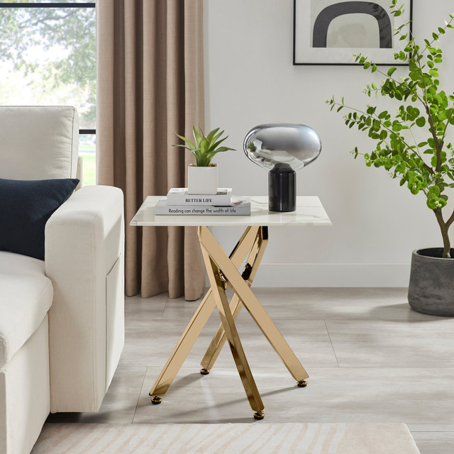 Leonardo White Glass Marble Gold Legs | Square Side Table