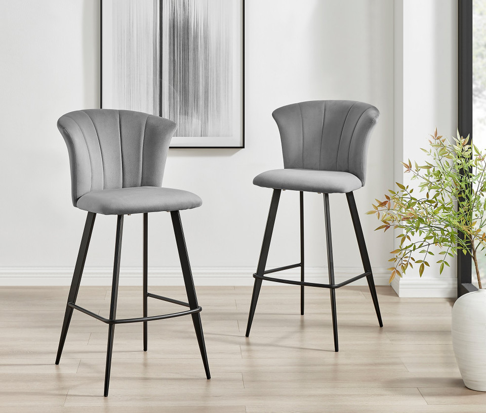 2x Juniper Grey Velvet Black Leg Bar Stools | Furniturebox UK
