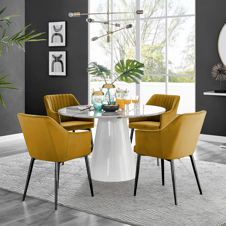 Palma White Marble Effect Round Dining Table & 4 Calla Black Leg Chairs ...