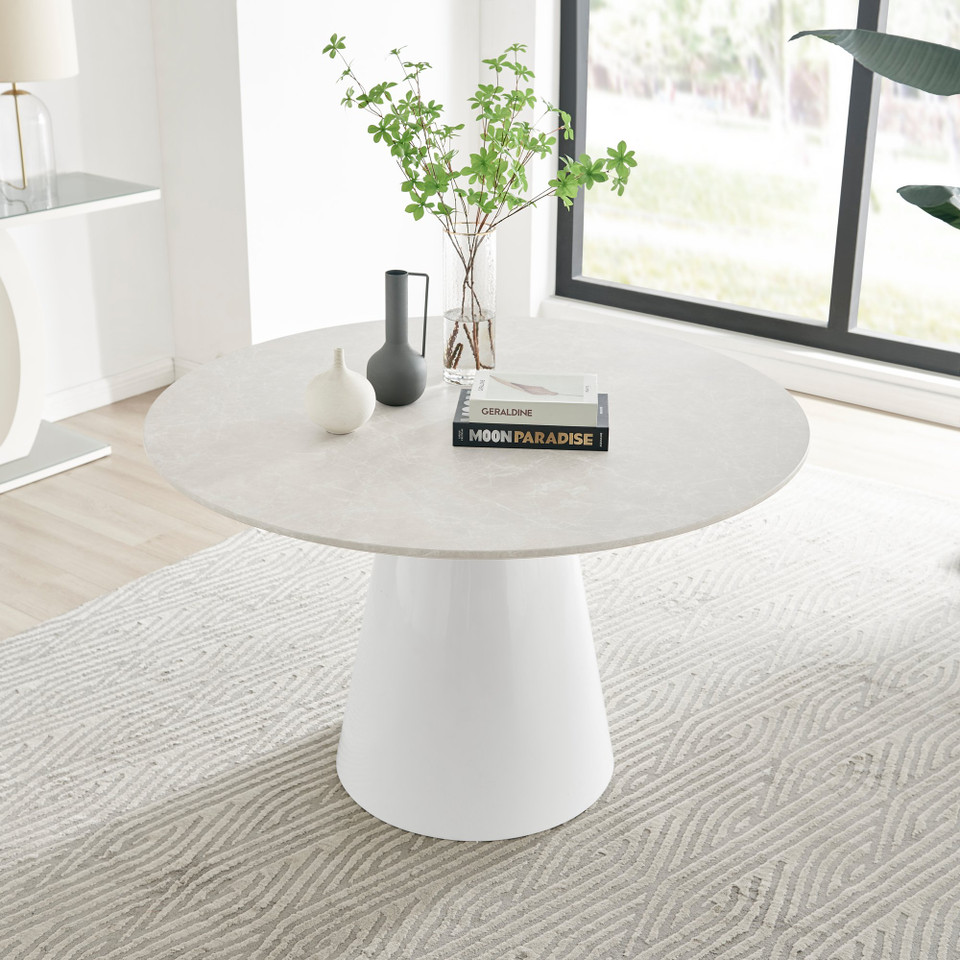 Palma Beige Stone Effect Round Dining Table & 4 Mustard velvet Pesaro ...
