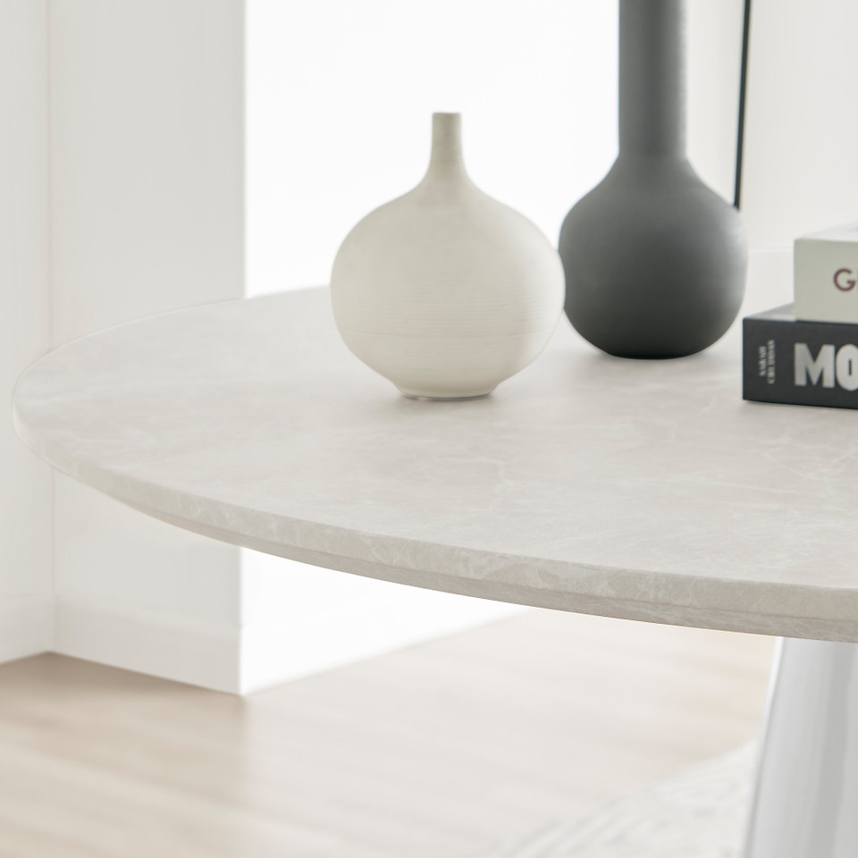 Palma Beige Stone Effect Round Dining Table & 4 Mustard velvet Pesaro ...