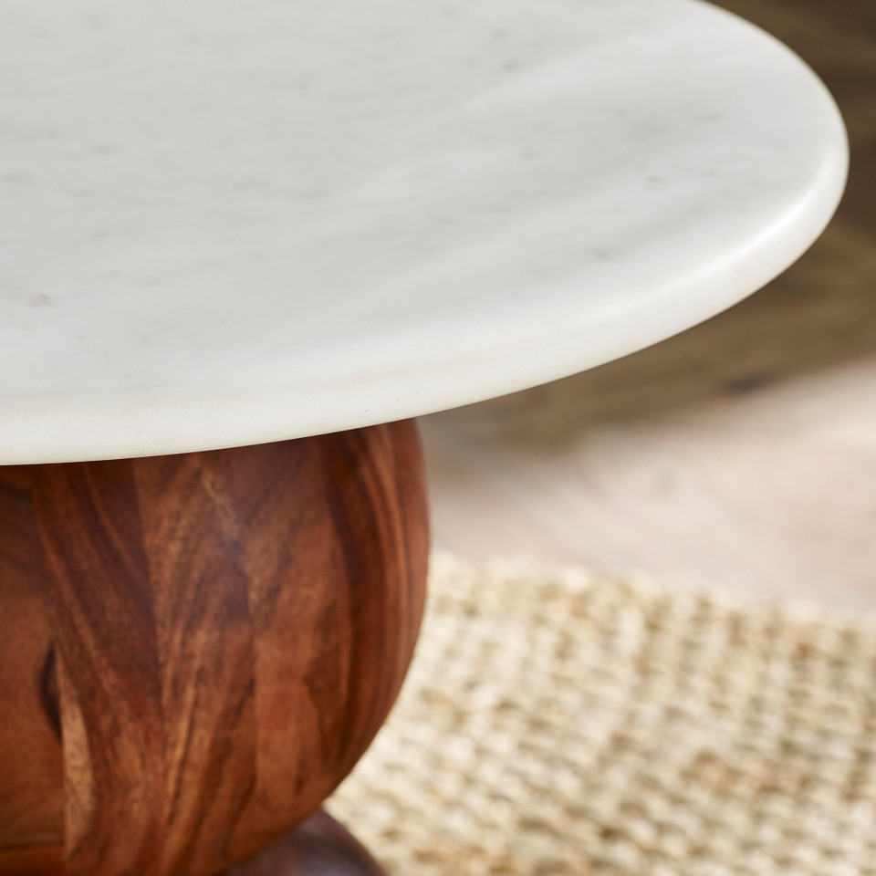 Veer White Marble Wood Side Table | Living Room Furniture