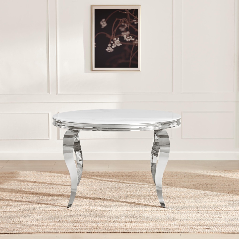 Skye Round White Marble Effect Dining Table & 6 Grey Velvet Belgravia ...